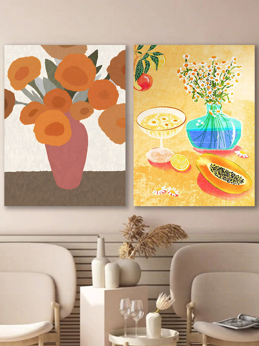 Картина модульная на стену / композиция из 2-х картин, "Ваза с цветами, натюрморт", 70х100 см.