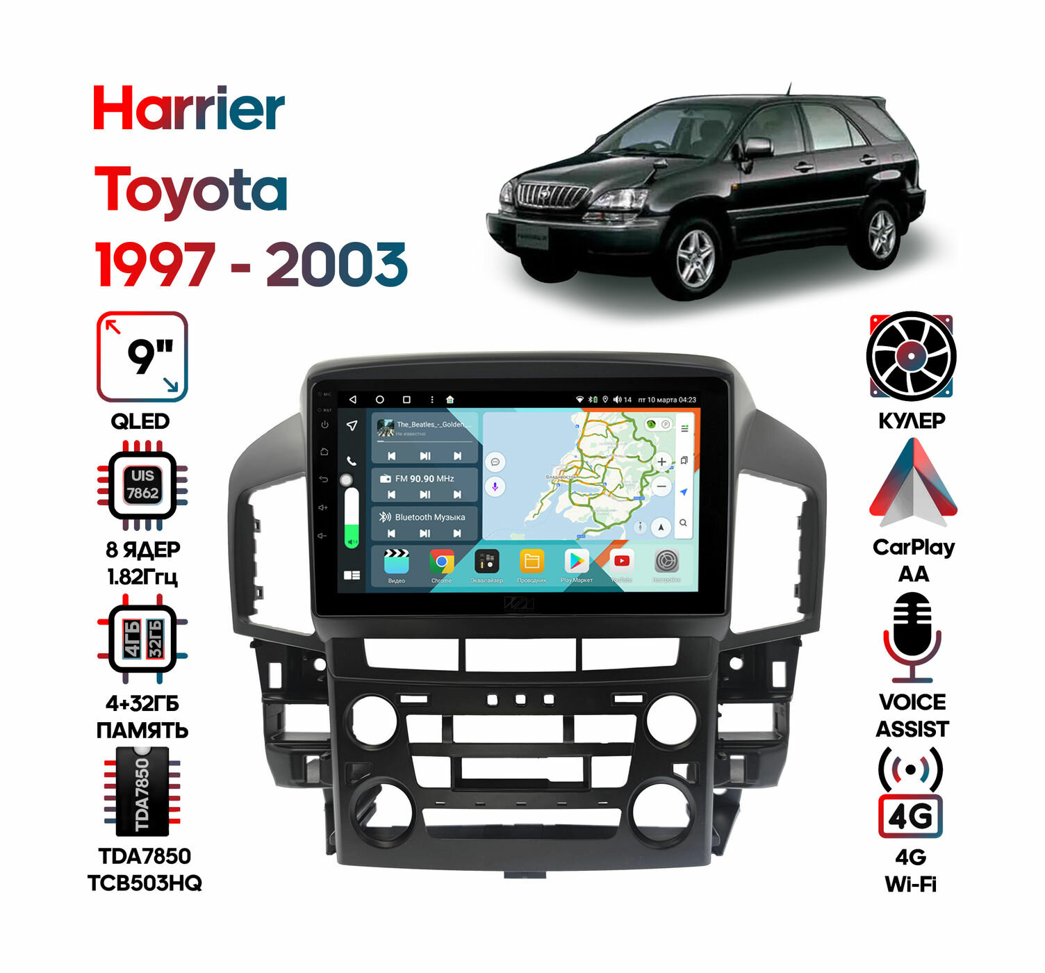 Магнитола Toyota Harrier 1997 - 2003 / 9 дюймов, 4/64GB, 8 ядер, DSP, 4G, Android 10 / Wide Media