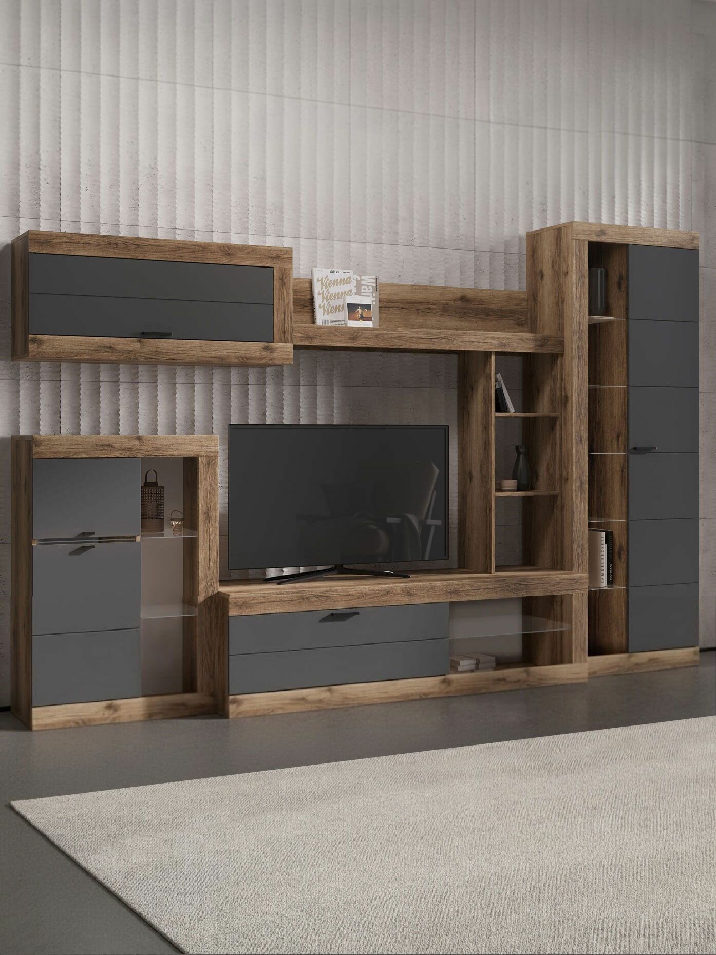 Гостиная комплект Прага, ТВ-тумба, шкафы, настенная полка, 285.2х42.6 см, Дуб Делано / Графит Софт Без подсветки