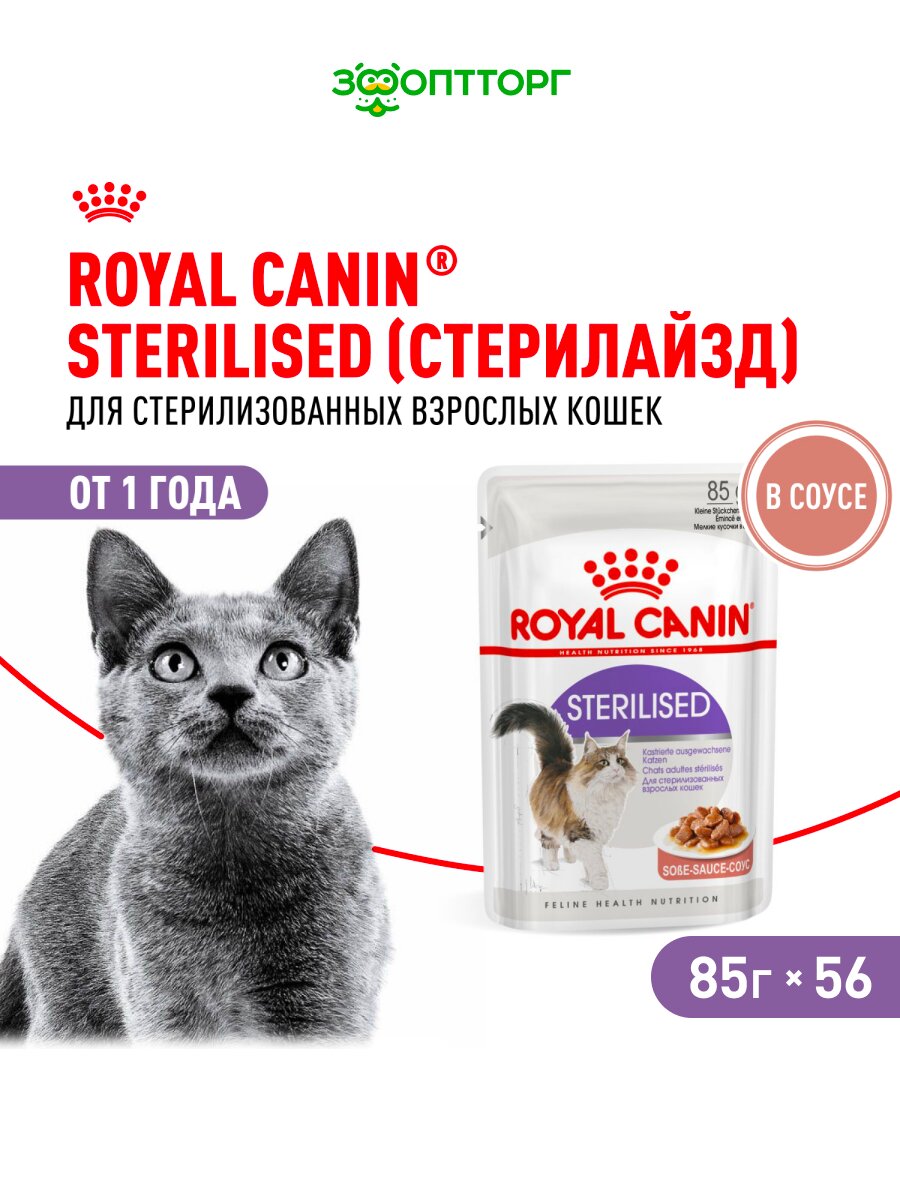 Влажный корм Royal Canin Sterilised пауч для кастрированных котов и стерилизованных кошек (кусочки в соусе) Птица, 85 г х 56 шт.