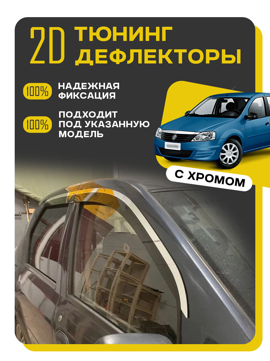 Плоские тюнинг дефлекторы с хромом для Renault Logan 1 (2004-2015) седан / Ветровики 2d дефлекторы для Рено Логан 1 поколения. Комплект 4 шт.