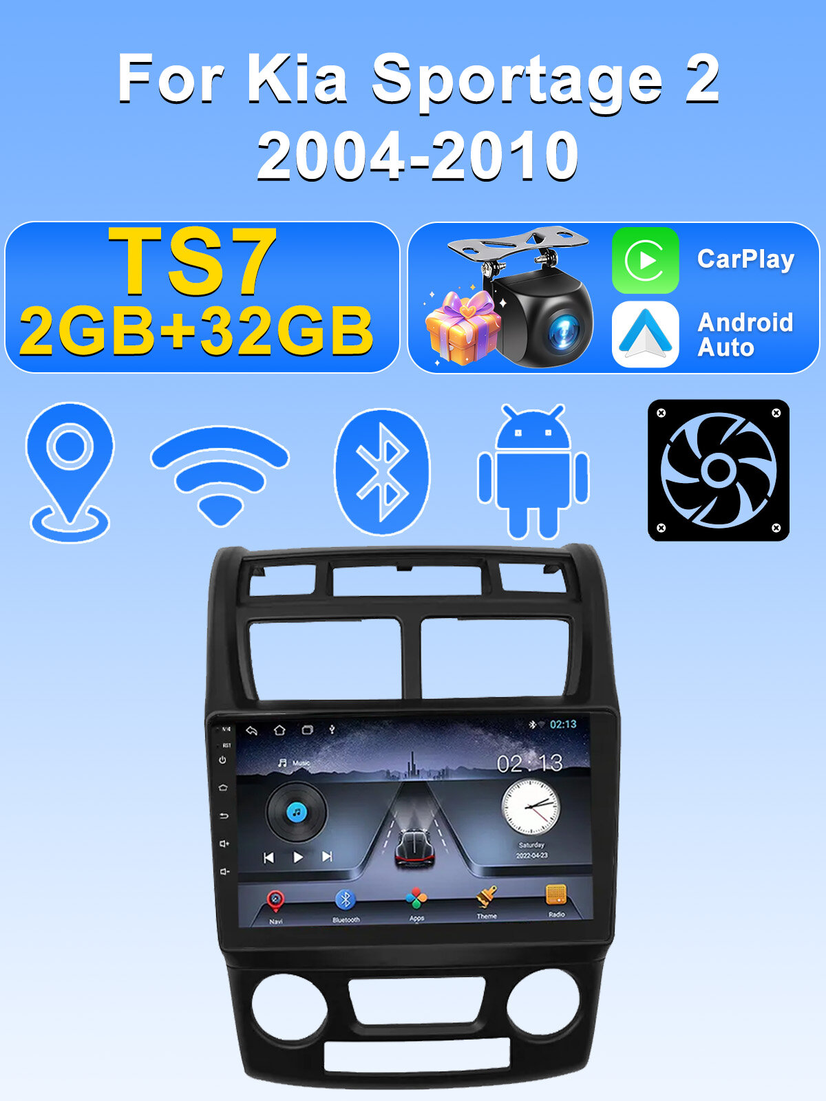 Магнитола для Kia Sportage 2 2004-2010 , Автомагнитола для Киа Спортейдж ,2din android 2+32G Мультимедиа Bluetooth FM WIFI Автомобильный