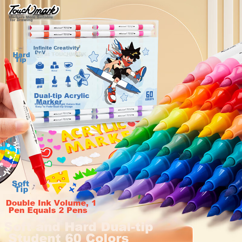 [Super Popular] Touchmark Acrylic Markers, 60 Colors, Dual-Tip, Soft Tip, Hard Tip, Watercolor Pens, Student Doodle Art Drawing Pens, Waterproof Quick-Drying Markers, Children's Back-To Gift