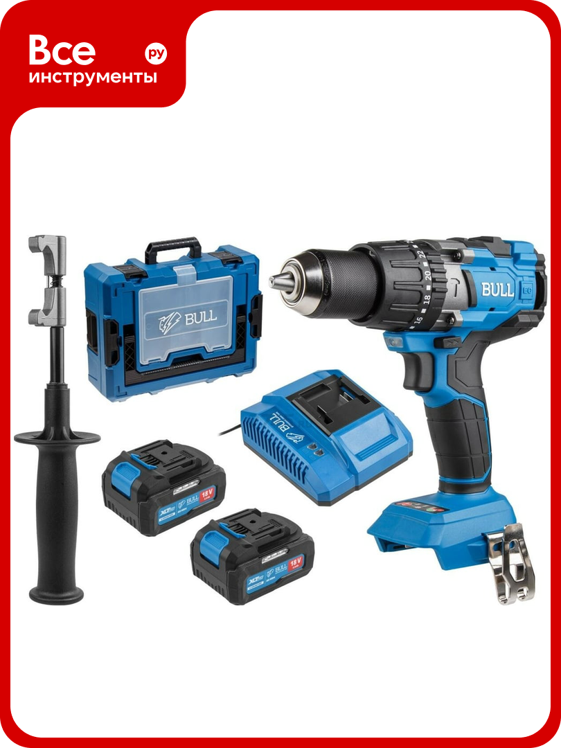 Аккумуляторна дрель-шуруповерт BULL SR 1805 Xcase XLTpro, 2x4 А*ч, бесщеточная 18 В, 120 Н*м, БЗП(мет.)