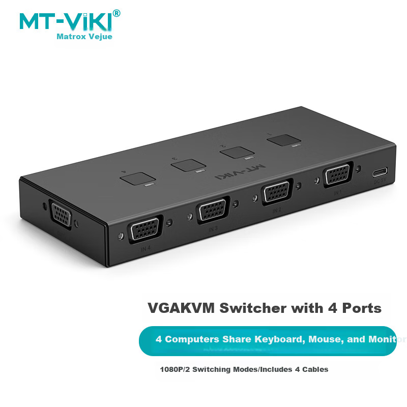 MT-viki KVM Switch 4 Port VGA 4 in 1 Out Keyboard Mouse Sharing Device with Desktop Controller, Cable Included, Additional Power Supply Port MT-KV4