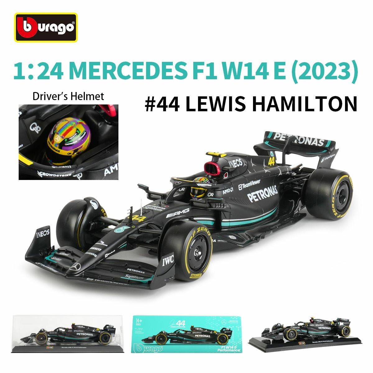 1:24 Mercedes AMG 2023 W14 E Performance Формульный болид Формулы-1, Литые под давлением автомобили, коллекционная модель гоночных игрушек
