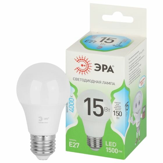 Лампочка светодиодная ЭРА GREEN LINE LED A60-15W-840-E27 GL E27 15 Вт груша яркий белый свет