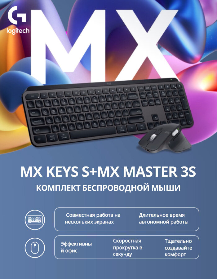 Беспроводная клавиатура Logitech MX KEYS S + беспроводная Bluetooth-мышь MX MASTER 3S, графитовый черный