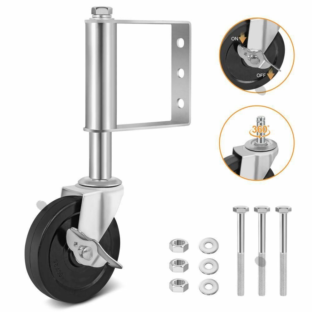 Колесо с резиновыми воротами Поворотное тяжелых условий эксплуатации, Дверной ролик для деревянных дверей, заборов и садовых ворот, Серебро