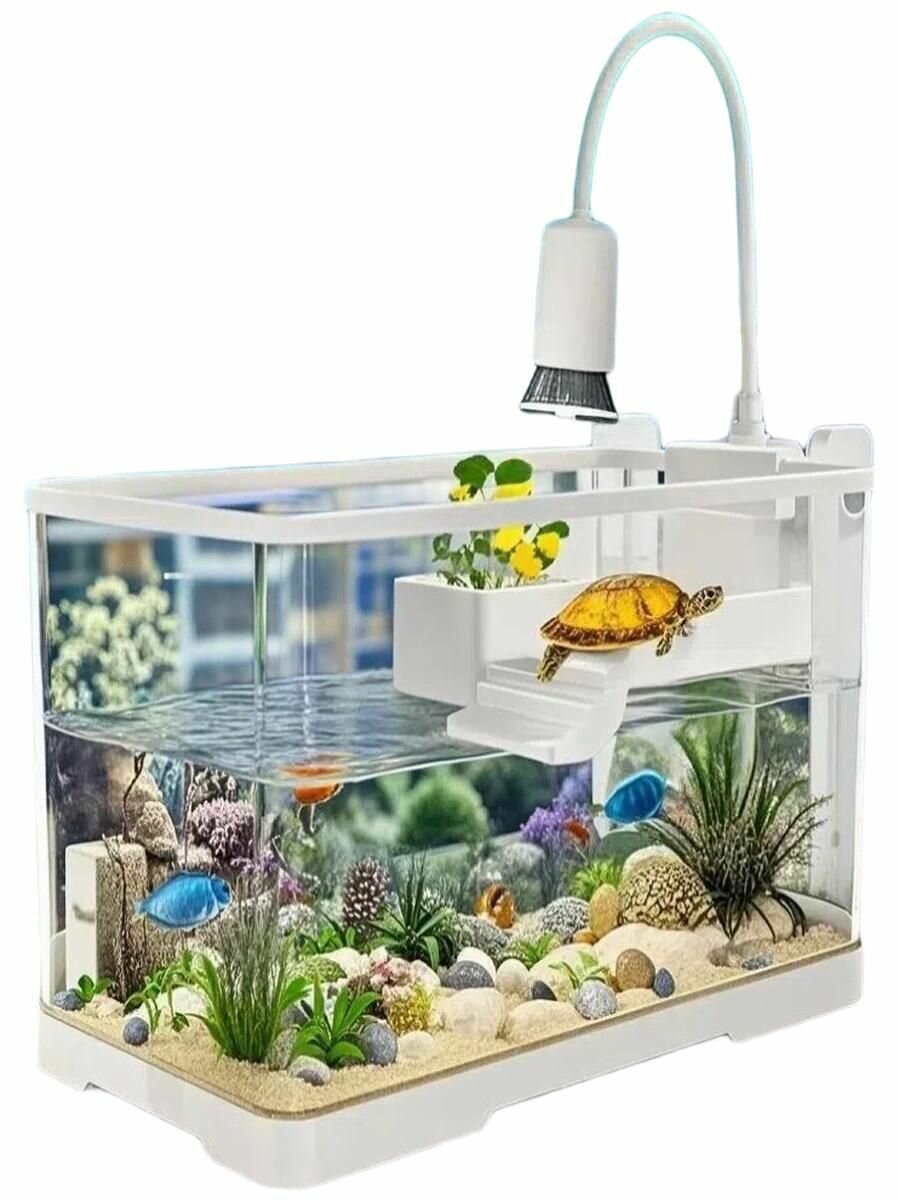 Аквариум для красноухой черепахи 47 л, 55 30 30 см, с фильтром и УФ-лампой, белый корпус