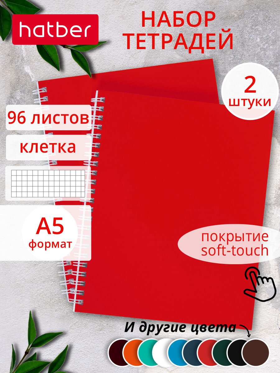 Тетрадь 96 листов в клетку 2 штуки А5 на гребне ламинация Soft-touch Красная