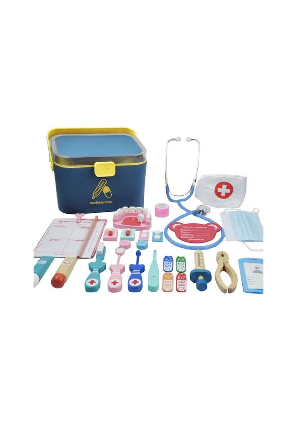 Детская деревянная игрушка-симулятор аптечки, цвет: синий, 25 предметов