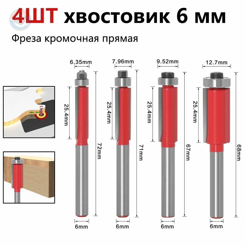 Фреза кромочная прямая обгонная с нижним подшипником, хвостовик 6 мм, 4 шт для точной обработки кромок и шаблонной работы