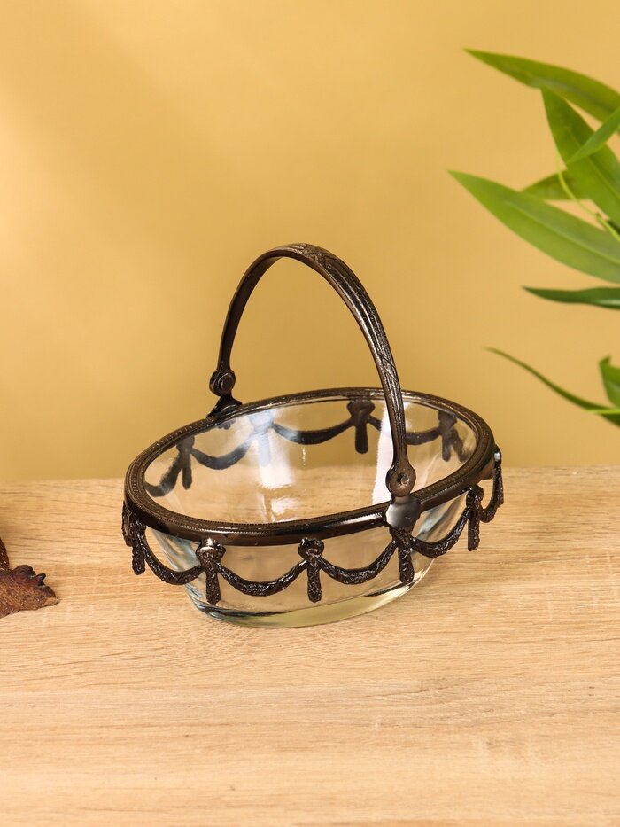 Стеклянная ваза с ручкой «Богемия», 14.5×13.5×11.5 см, стекло, латунь