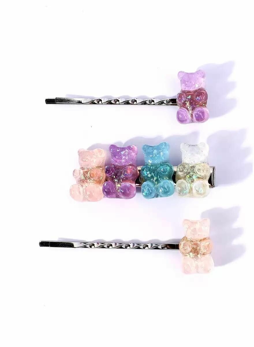 Набор невидимок для волос Oubaoloon 2 шт, длина 5 см, серебристый, медведи