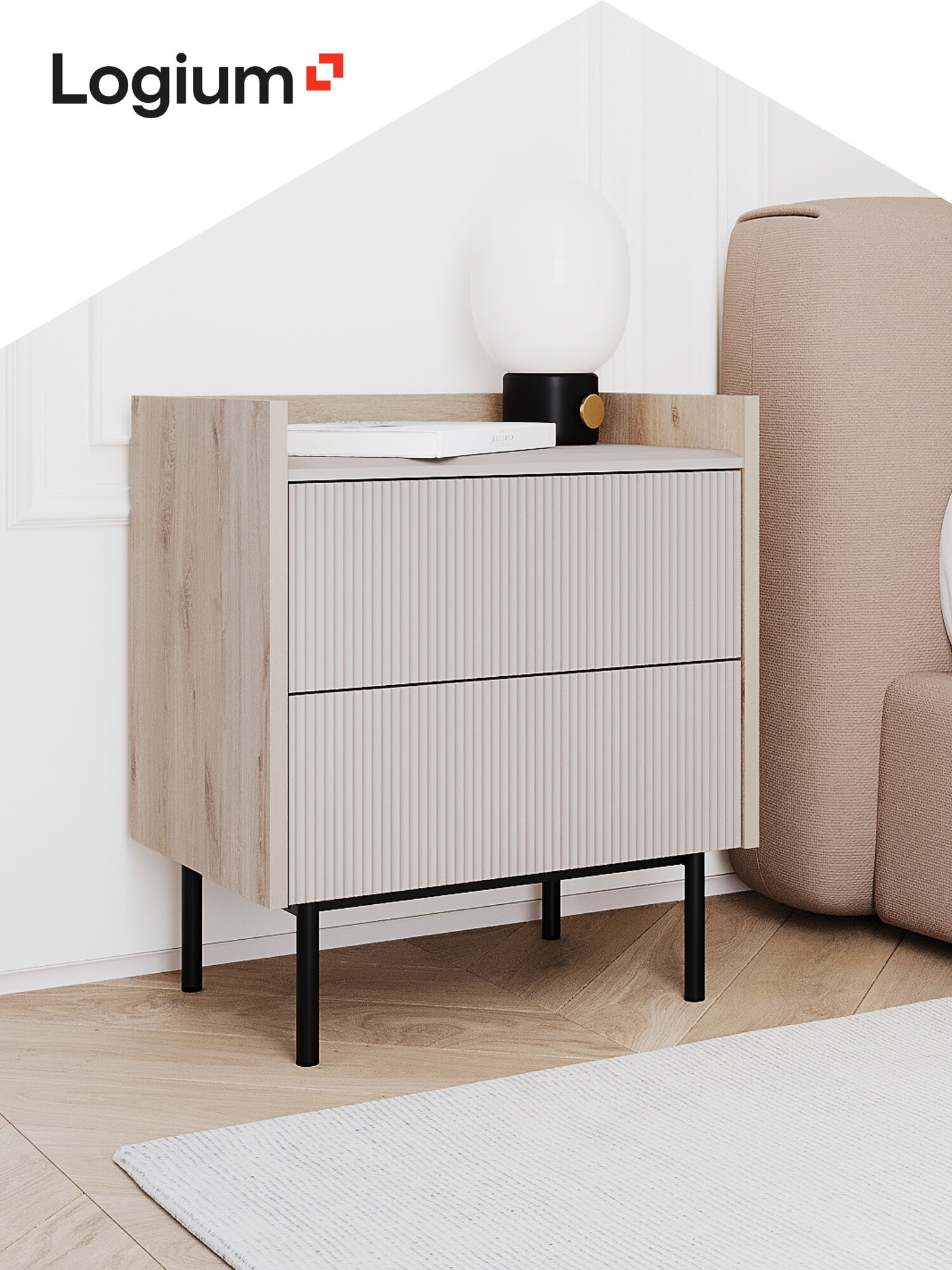 Тумба прикроватная с ящиками напольная бежевая 50 х 36,5 х 58,5см, Наоми 16.11.04, Дуб Белый exclusive, Моно керамика