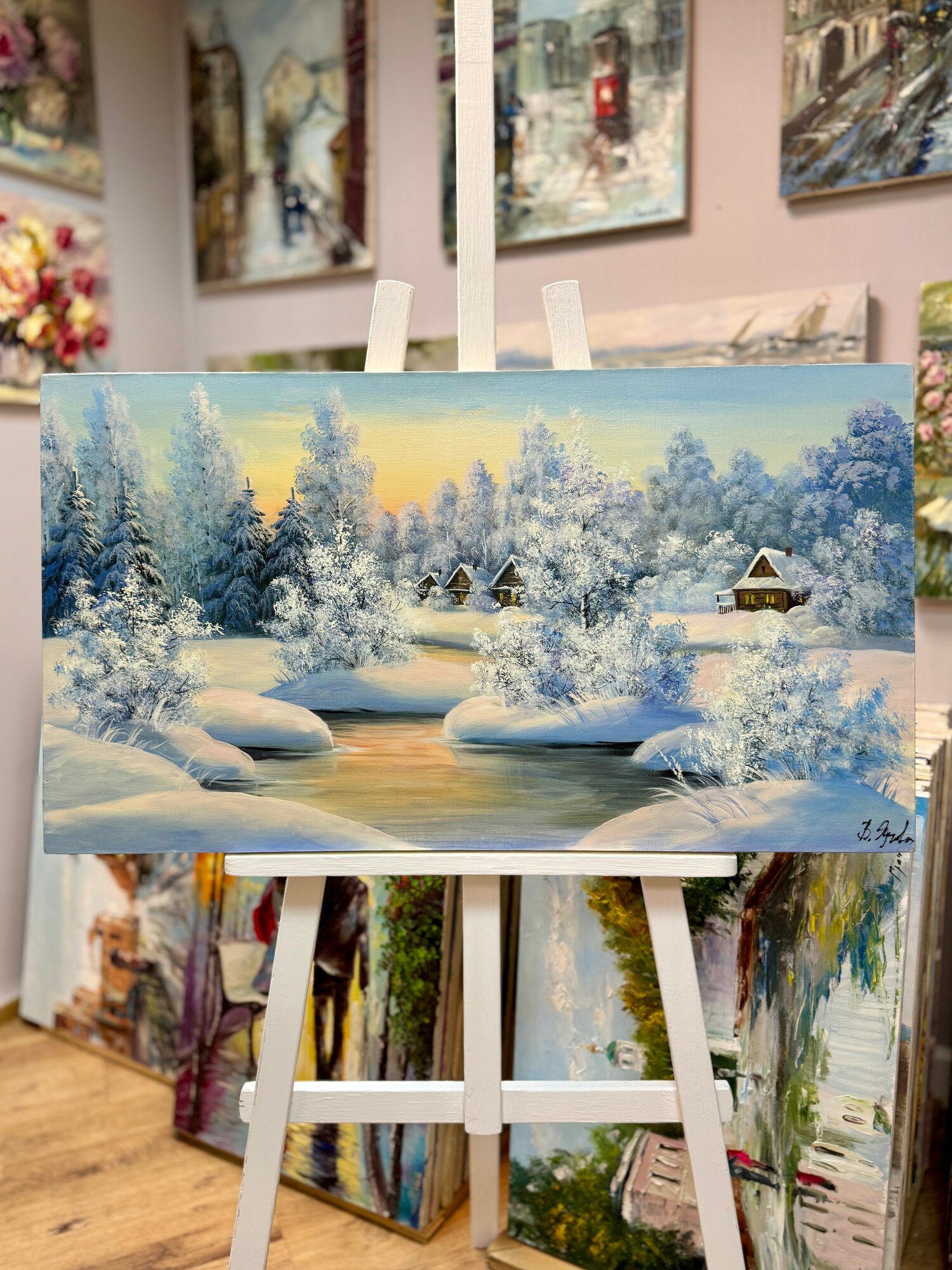 Картина маслом Зимний пейзаж. Река сугробы 90x50 см. Художественная мастерская Грёзы.