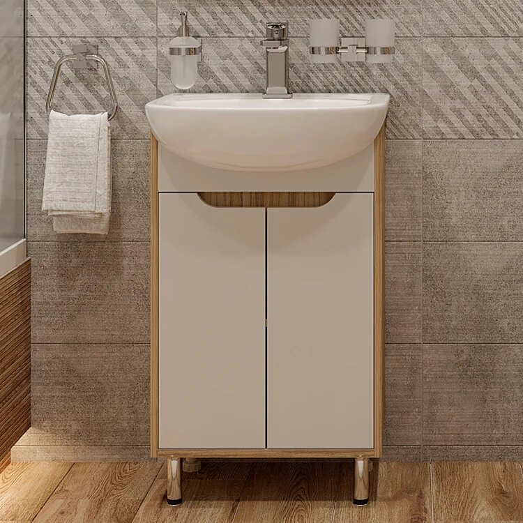 Тумба с раковиной DIWO Углич 50 напольная, 51 см, белая, светлое дерево, глянцевая, из МДФ, с дверками, раковина для ванной фаянсовая, полукруглая, встроенный слив-перелив, с сифоном