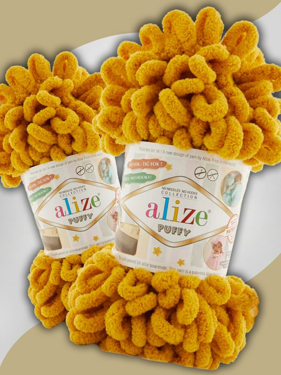 Пряжа для вязания Alize Puffy с готовыми петлями, цвет 02 шафран, 100 г / 9 м, 1 моток