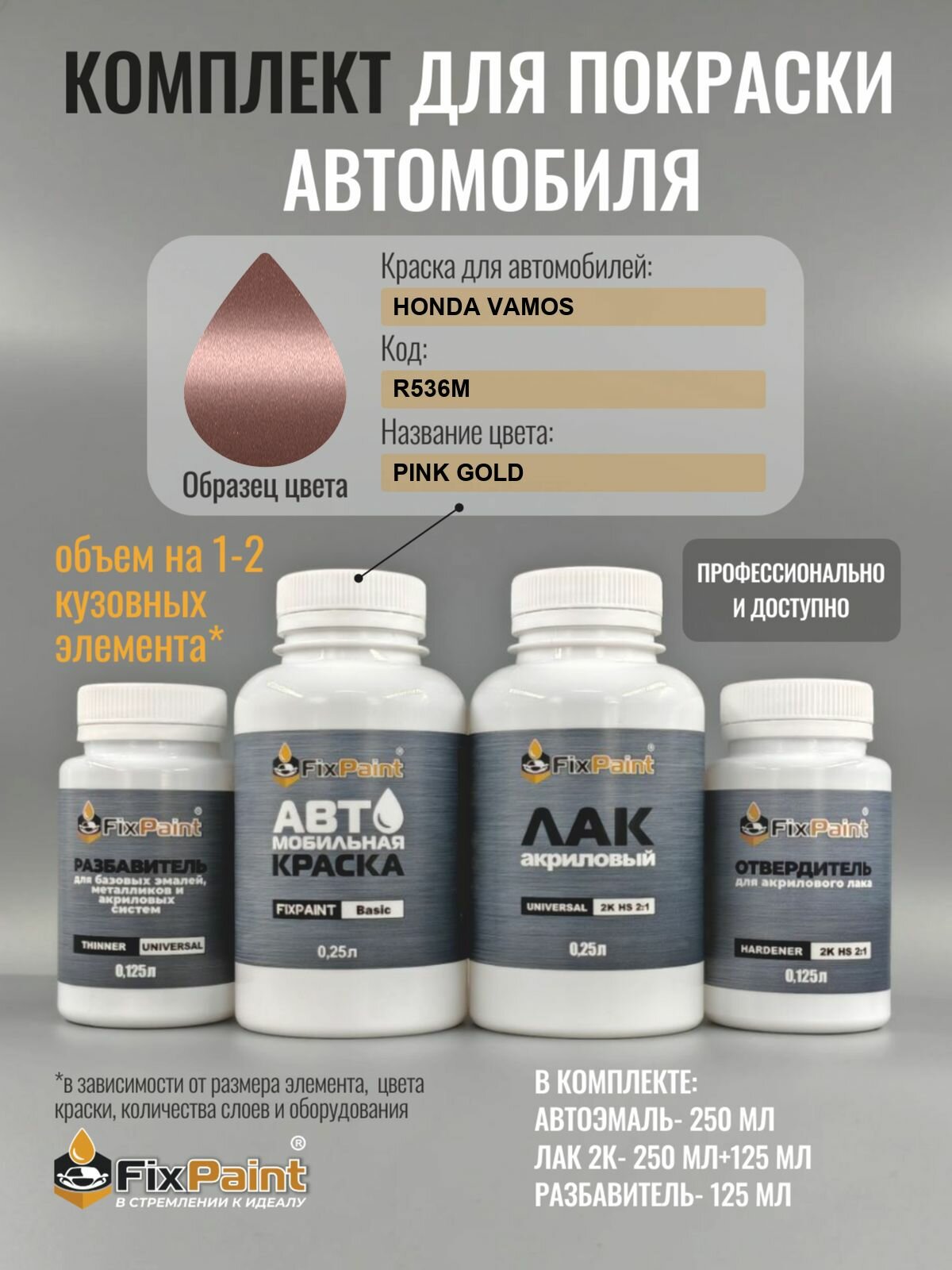 Комплект для покраски HONDA VAMOS, код R536M, PINK GOLD, базовая автомобильная эмаль 250 мл, лак 2K 250 мл с отвердителем, разбавитель 125 мл, FixPaint Pro