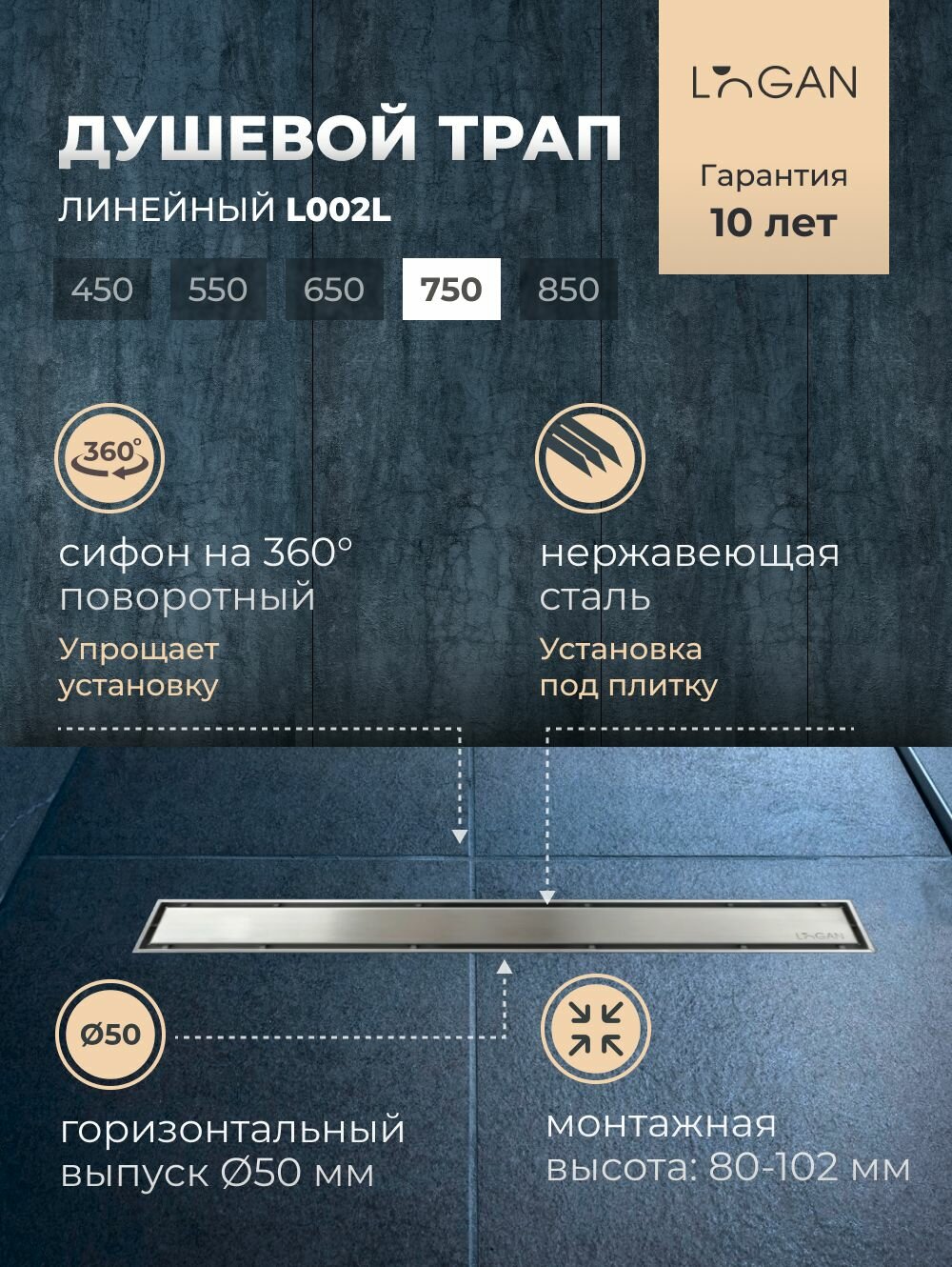 Душевой лоток Logan L002L-750, 750 мм, пластиковый, линейный, сухой