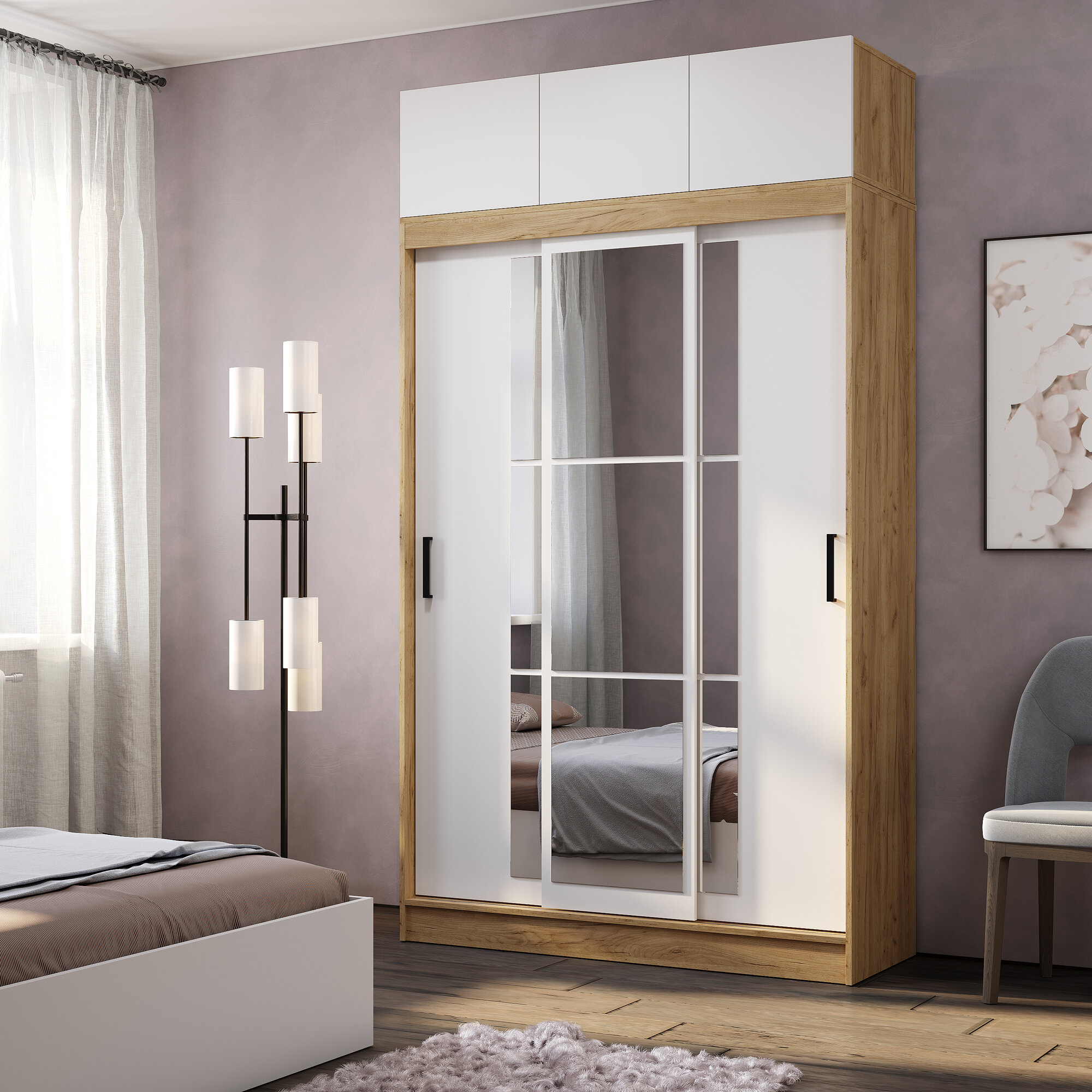 Шкаф-купе Тайм с антресолью, шкаф для одежды, ЛДСП Крафт/Белый/Зеркало, БТС