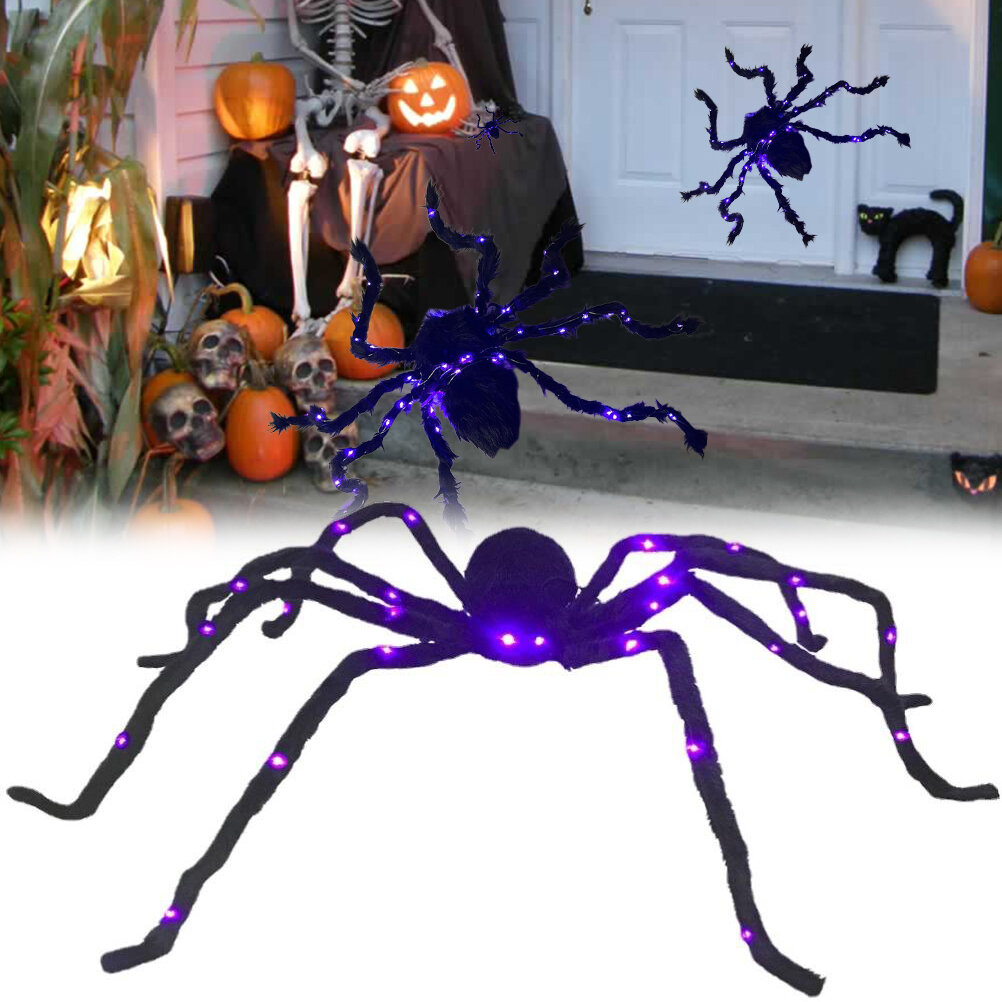 Украшения в виде паука на Хэллоуин, светящийся гигантский паук, светящийся черный паук для внутреннего и наружного украшения, декор для двора, вечеринки на Хэллоуин
