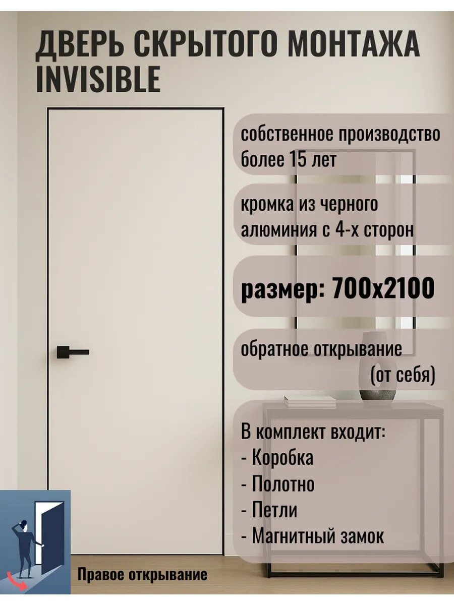 Скрытая дверь с коробкой INVISIBLE AL черный 2100x700, правое (от себя)