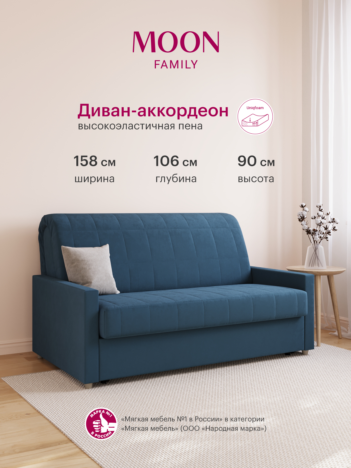 Диван-кровать аккордеон MOON FAMILY133, синий велюр, 158х106х90, спальное место140х200