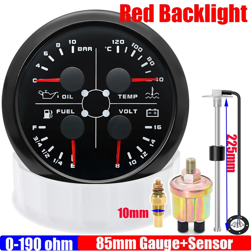 Красный свет 4 в 1 85 мм манометр давления масла + температура воды + датчик уровня топлива + вольтметр с датчиком 0-190 Ом авто автомобиль 12 В на заказ, 225mm SensorXGauge