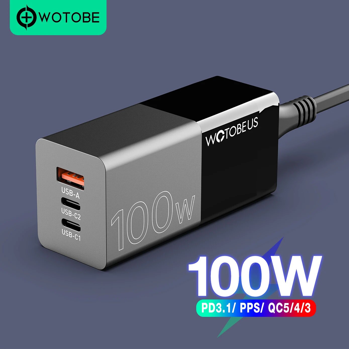 Зарядное устройство WOTOBE сетевое с USB-портом и 3 портами, 100 Вт, EU 3-Port and cable