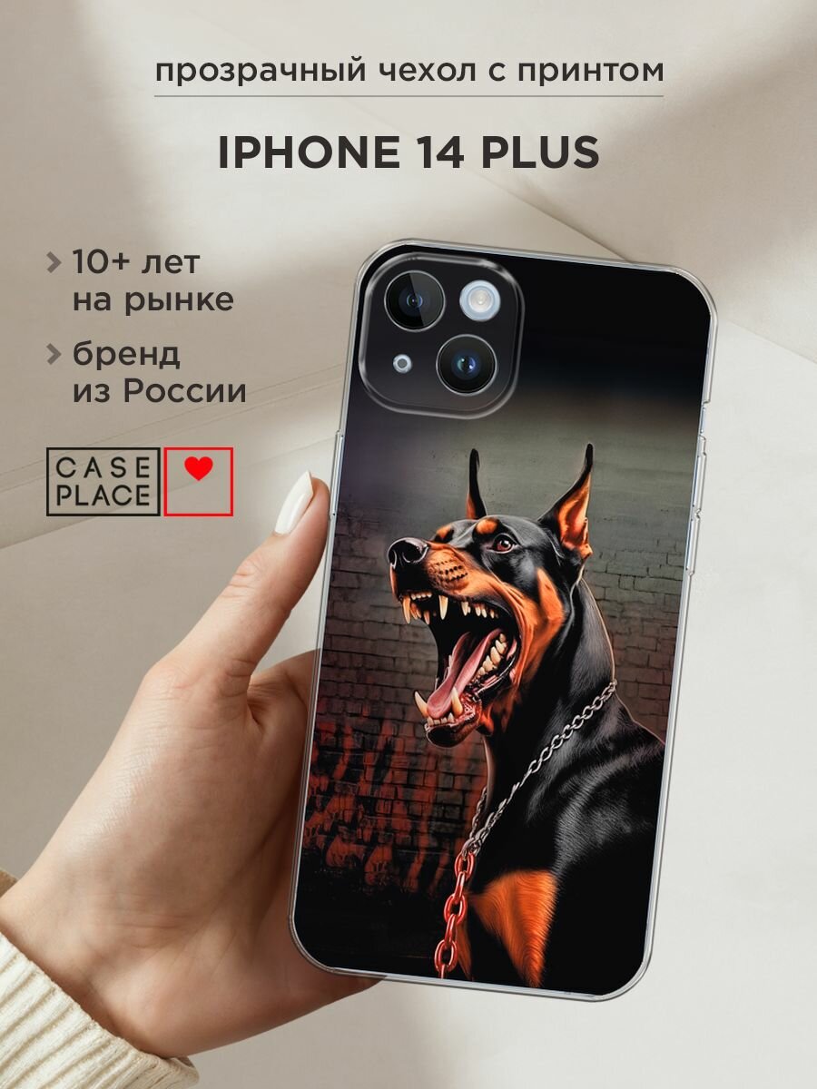 Чехол на Apple iPhone 14 Plus / Айфон 14 Плюс с принтом "Доберман с цепью"