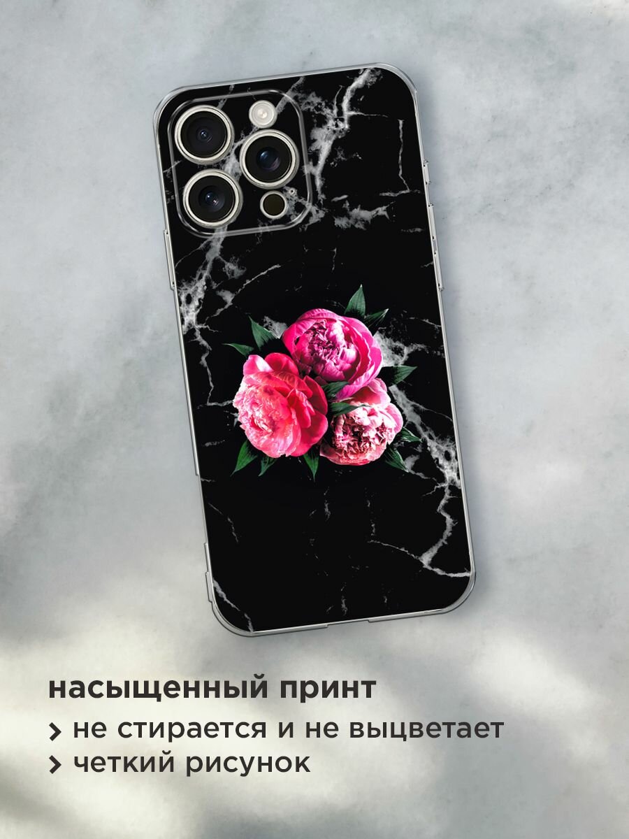Чехол на Apple iPhone 16 Pro Max / Айфон 16 Про Макс с принтом "Букет на черном мраморе" — фото 1