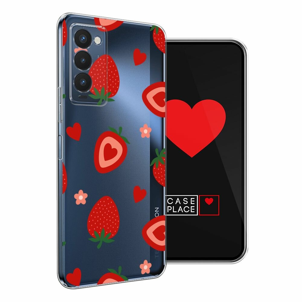 Чехол на Tecno Camon 18P / Техно Камон 18Р с принтом "Heart strawberries 2 - 14 февраля", прозрачный — фото 1
