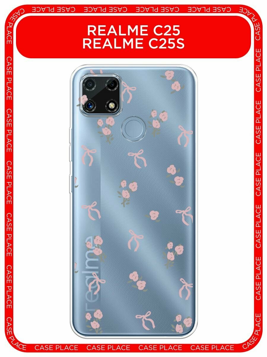 Чехол на Realme C25/C25s / Реалми С25/C25s с принтом "Розы и ленточки", прозрачный