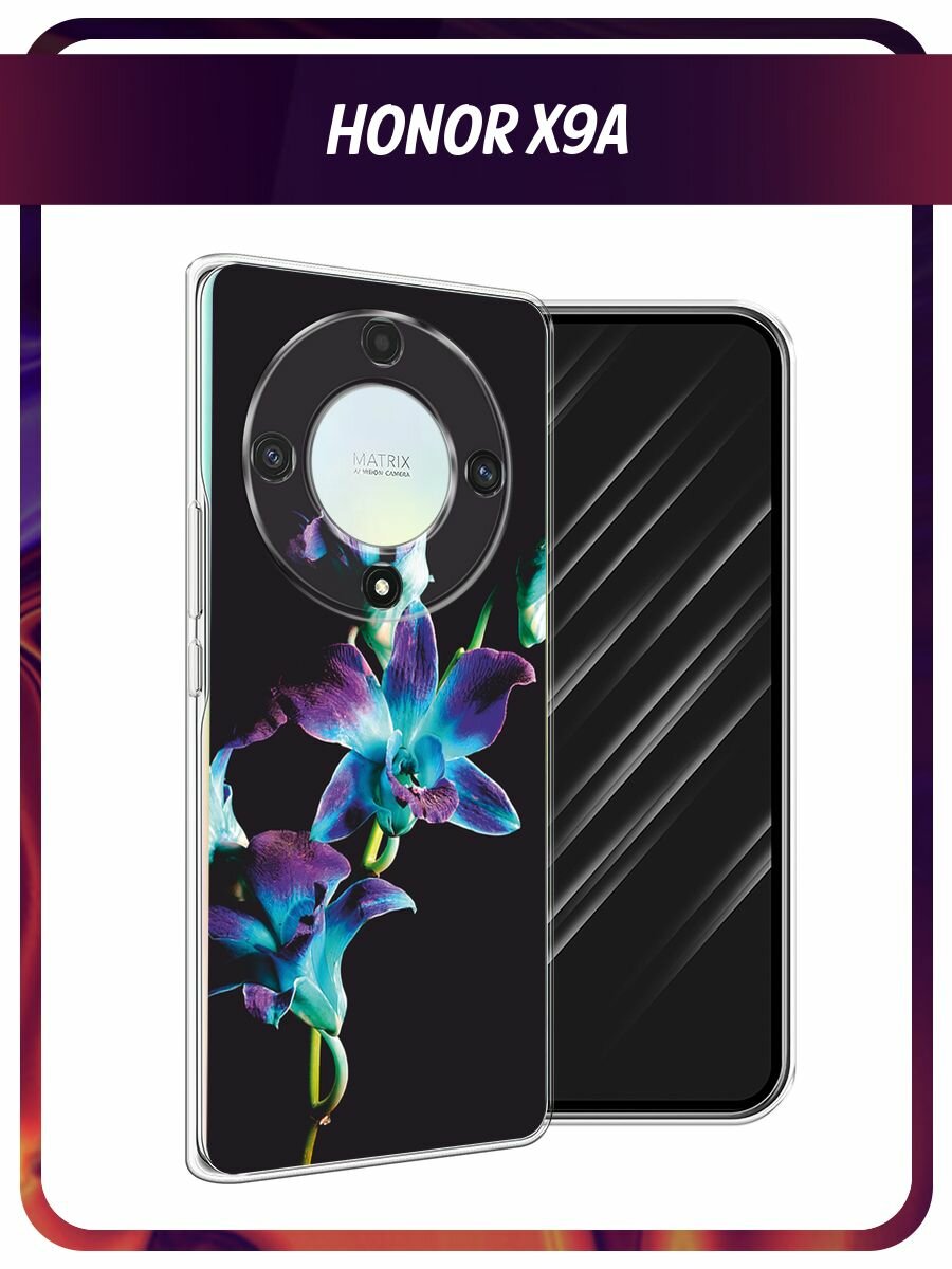 Чехол на Honor X9A / Хонор X9A с принтом "Синий цветок на черном"