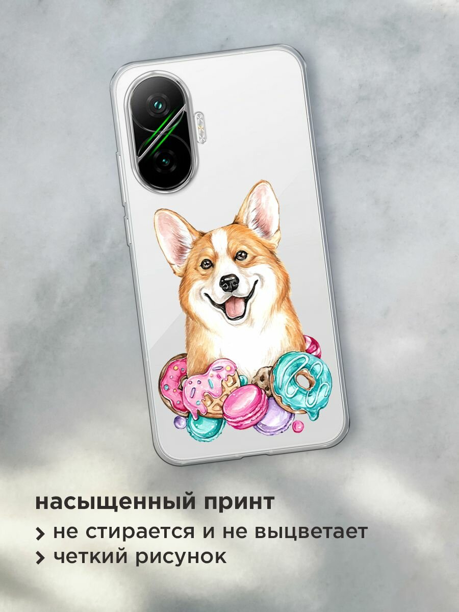 Чехол на Poco F7 / Поко F7 с принтом "Корги и сладости", прозрачный — фото 1