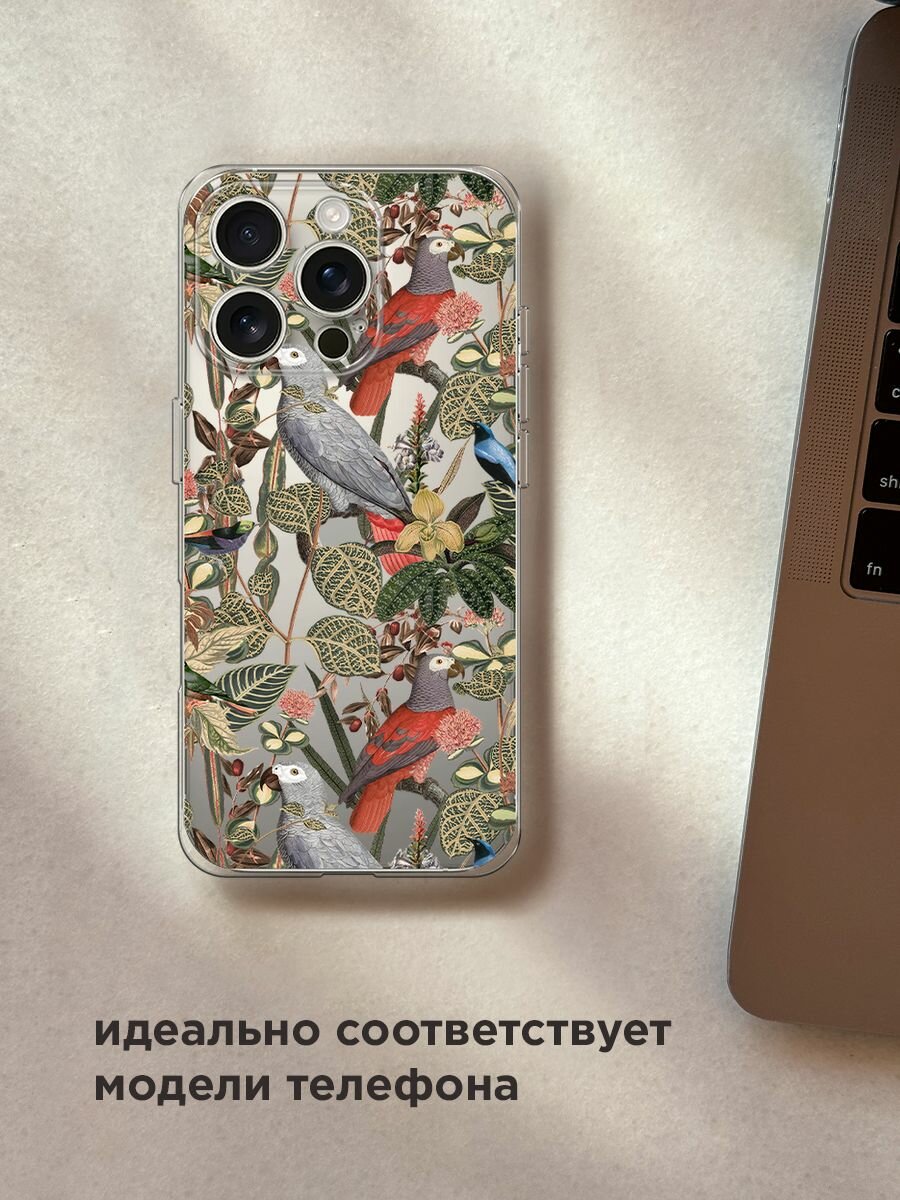 Чехол на Apple iPhone 16 Pro / Айфон 16 Про с принтом "Tropical pattern", прозрачный — фото 1