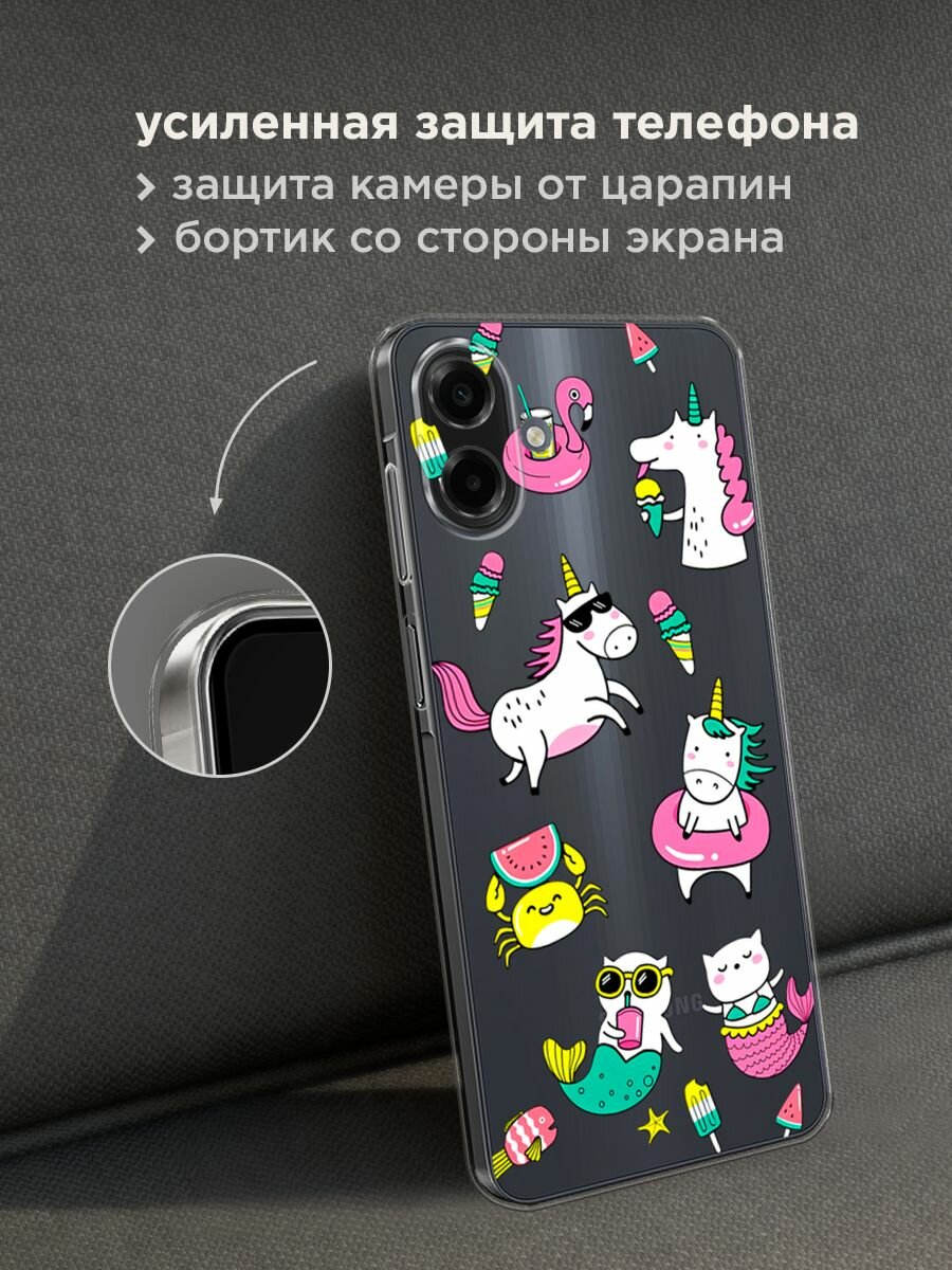 Чехол на Samsung Galaxy A07 / Самсунг А07 с принтом "Единороги в отпуске", прозрачный — фото 1