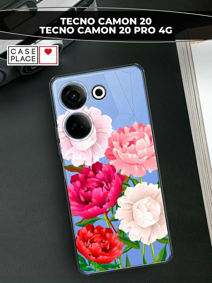Чехол на Tecno Camon 20/20 Pro 4G / Текно Камон 20/20 Pro 4G с принтом "Большие пионы", прозрачный