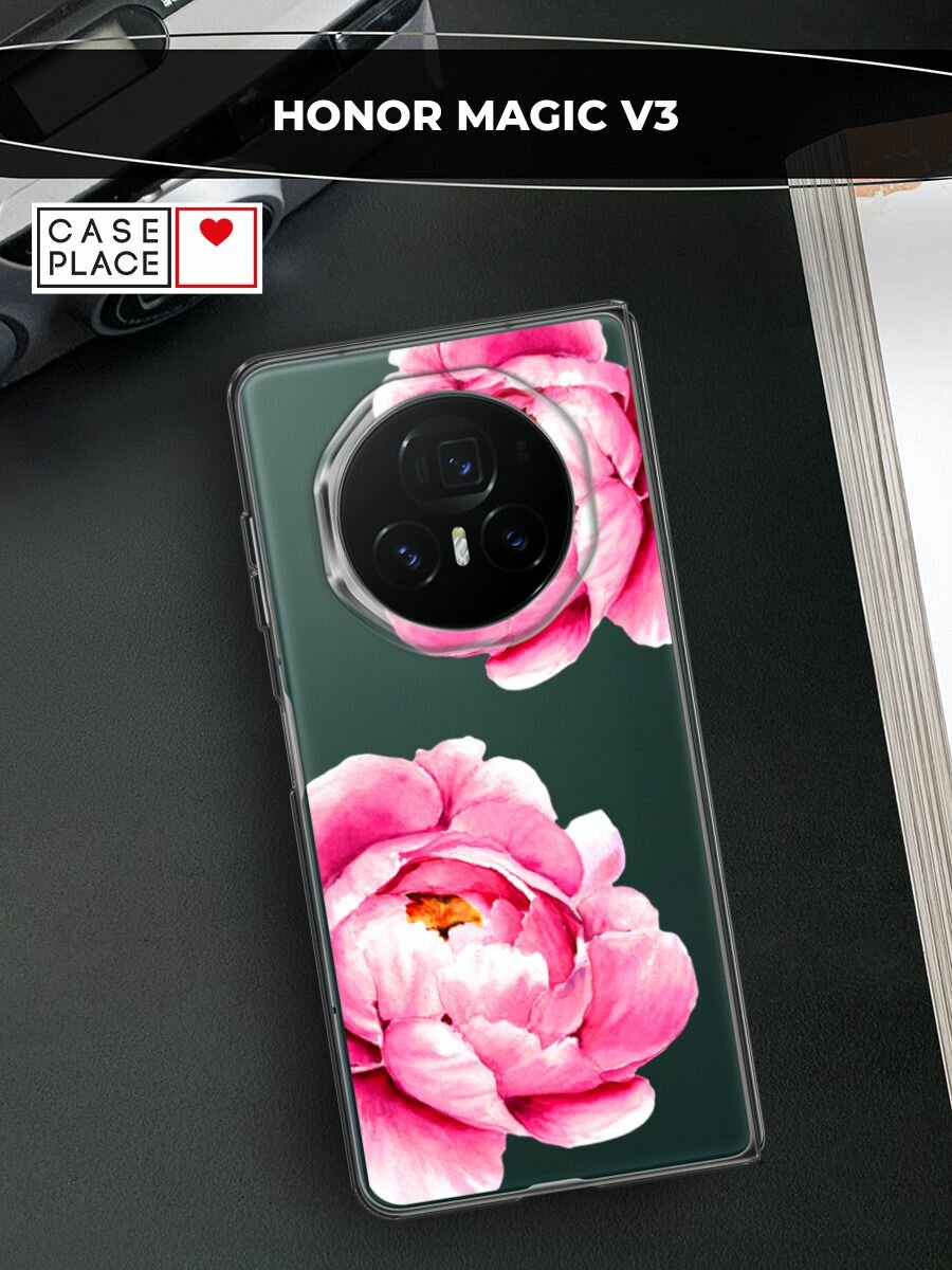 Чехол на Honor Magic V3 / Хонор Мэджик V3 с принтом "Open peonies", прозрачный