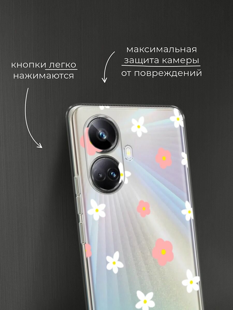 Чехол на Realme 10 Pro+ / Реалми 10 Про+ с принтом "Розовые и белые цветы", прозрачный — фото 1