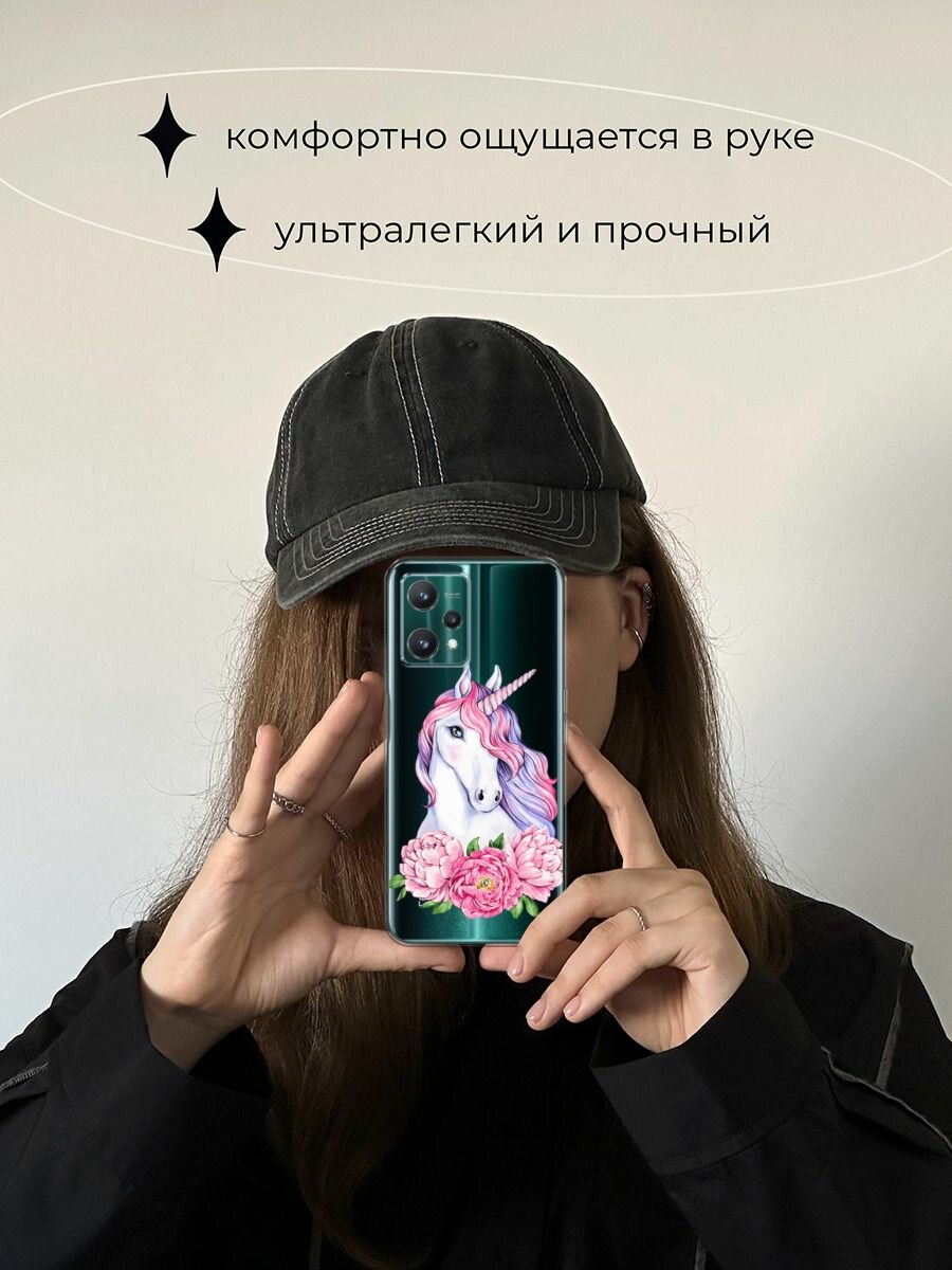 Чехол на Realme 9 Pro/9 5G / Реалми 9 Про/ 5G с принтом "Единорог с пионами", прозрачный — фото 1
