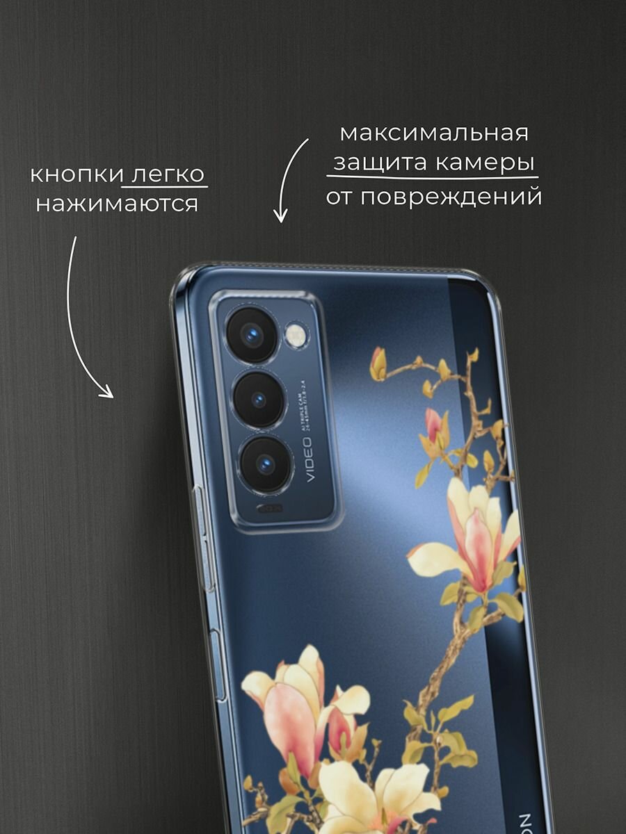 Чехол на Tecno Camon 18P / Техно Камон 18Р с принтом "Ветка с цветами", прозрачный — фото 1