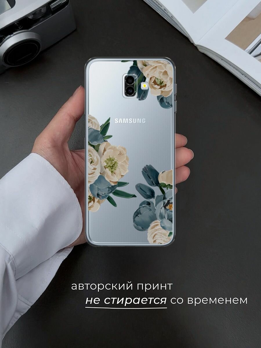 Чехол на Samsung Galaxy J6 + / Самсунг Галакси J6 Плюс 2018 с принтом "Бежевые и голубые бутоны" — фото 1