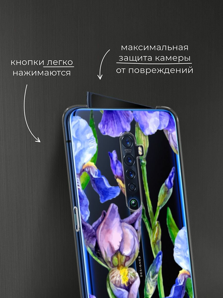 Чехол на Oppo Reno 2 / Оппо Рено 2 с принтом "Синие ирисы", прозрачный — фото 1