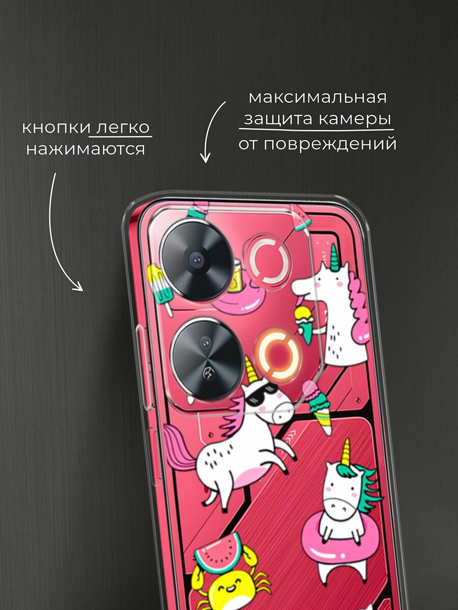 Чехол на Itel P65 / Ител P65 с принтом "Единороги в отпуске", прозрачный — фото 1