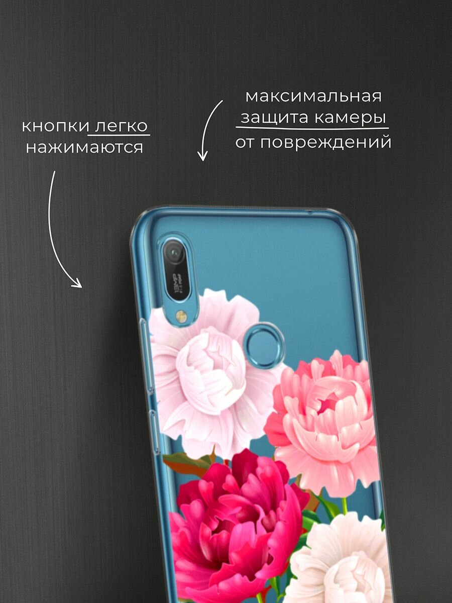Чехол на Honor 8A/8A Pro/Huawei Y6s/Y6 2019 / Хонор 8А с принтом "Большие пионы", прозрачный — фото 1
