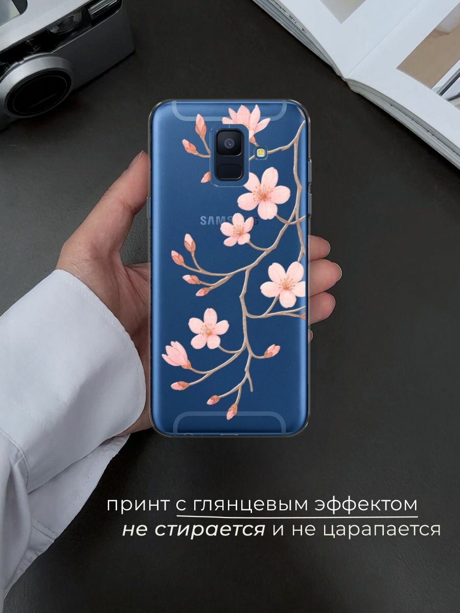 Чехол на Samsung Galaxy A6 / Самсунг Галакси А6 с принтом "Веточка распускающейся сакуры 2" — фото 1