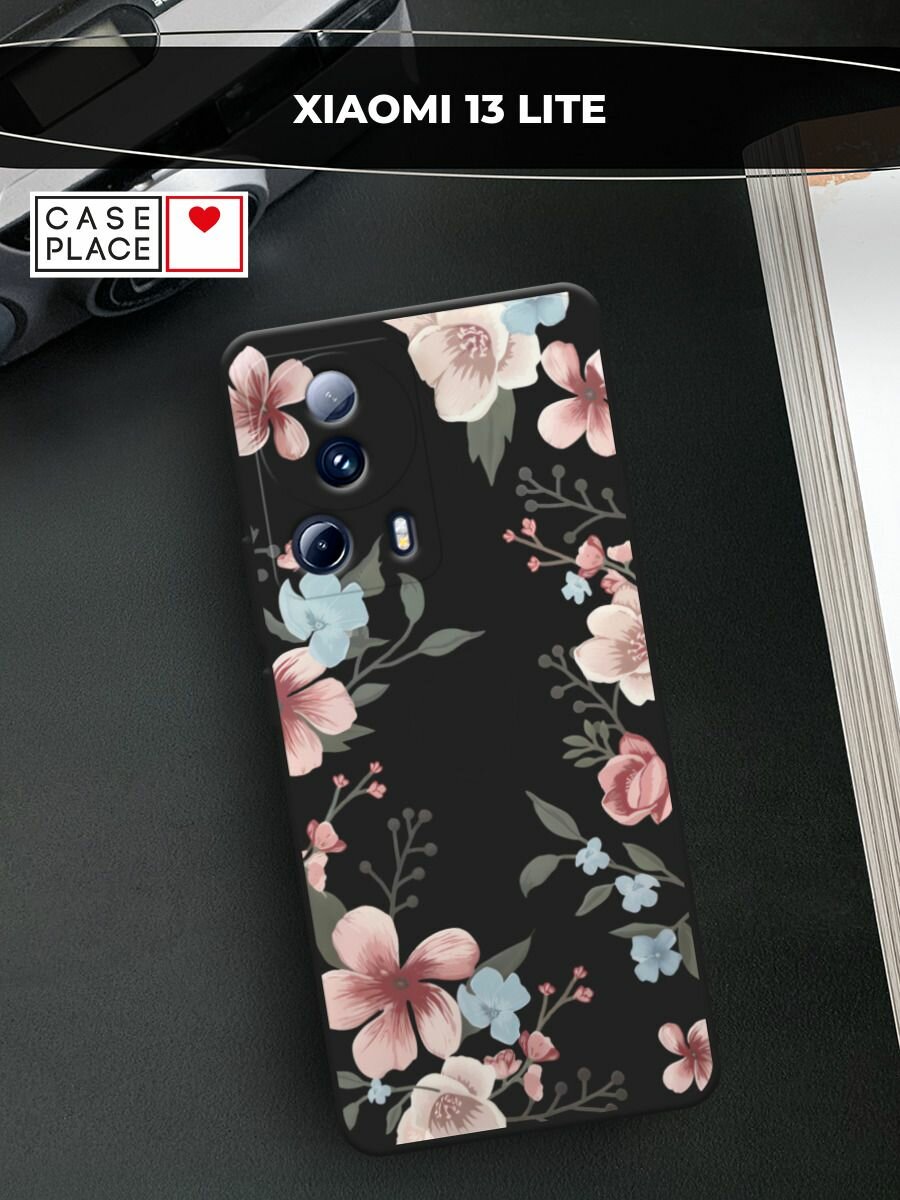 Черный матовый чехол на Xiaomi 13 Lite / Сяоми 13 Лайт с принтом "Нежная рамка из цветов"